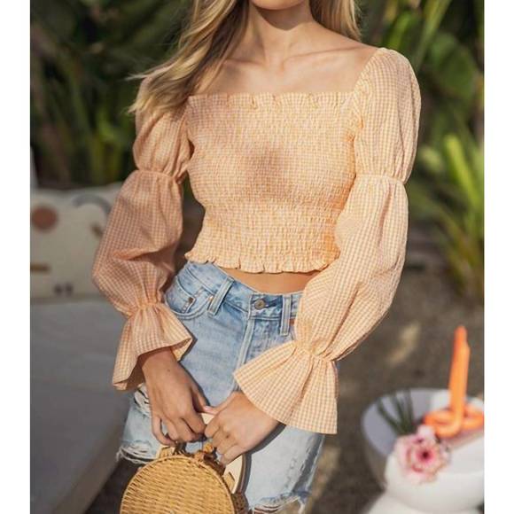 Lush | Tops | New Lush George Gingham Smocked Top In Mango | Poshmark